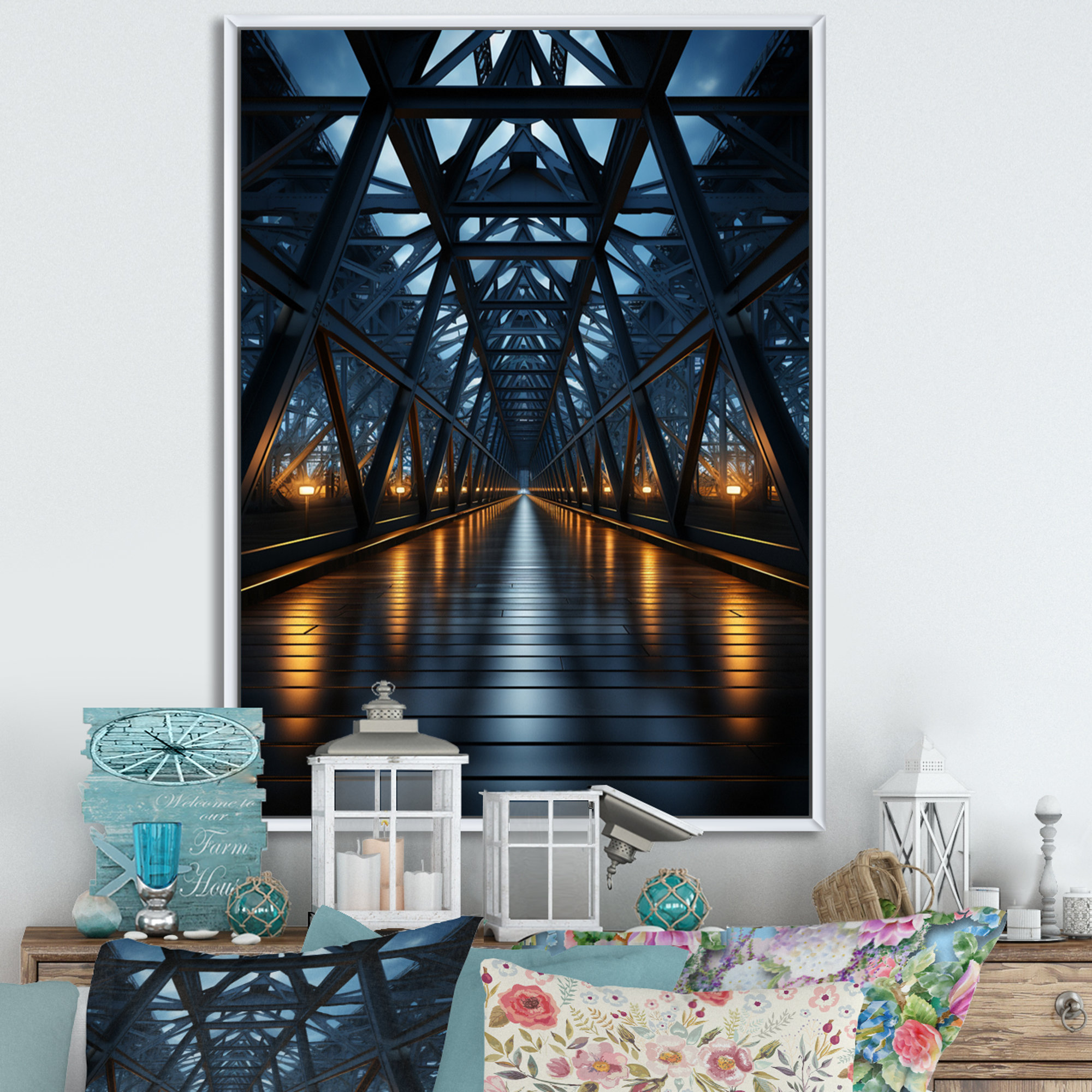 17 Stories Letrisha Blue Bridge Suspension Bridge Charcoal II | Wayfair